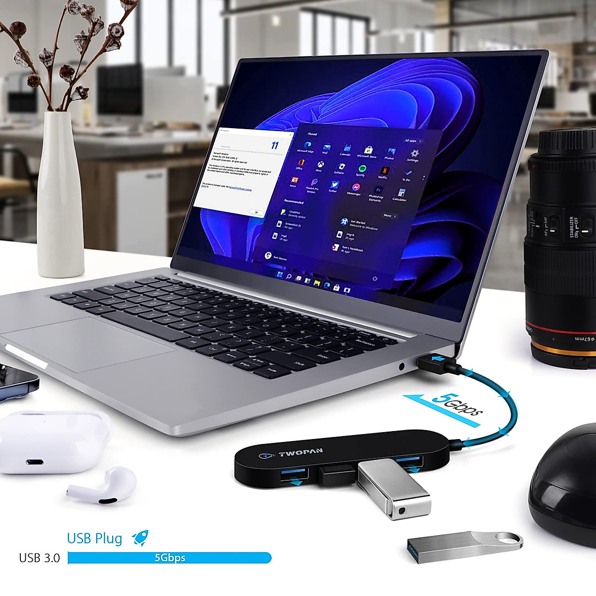 TWOPAN 4-Port USB 3.0 Hub, Ultra Slim USB Multiport Adapter for Laptop, Desktop, Mac, Surface Pro, XPS, Mouse, Keyboard, Flash Drive, U Disk, Printer - Plug and Play, High-Speed Data Transfer