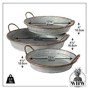 Farmers Deep-Dish Round Trays, Set of 3, Rustic Vintage Style, Galvanized Zinc Metal, 18, 15.75, and 12.25 Inches Diameter