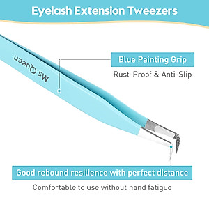 Ms.Queen Volume Tweezers For Eyelash Extensions, Fiber Tip Grip Lash Tweezers L-Shape Boot Mega Volume Mink Lashes Tweezers, Blue