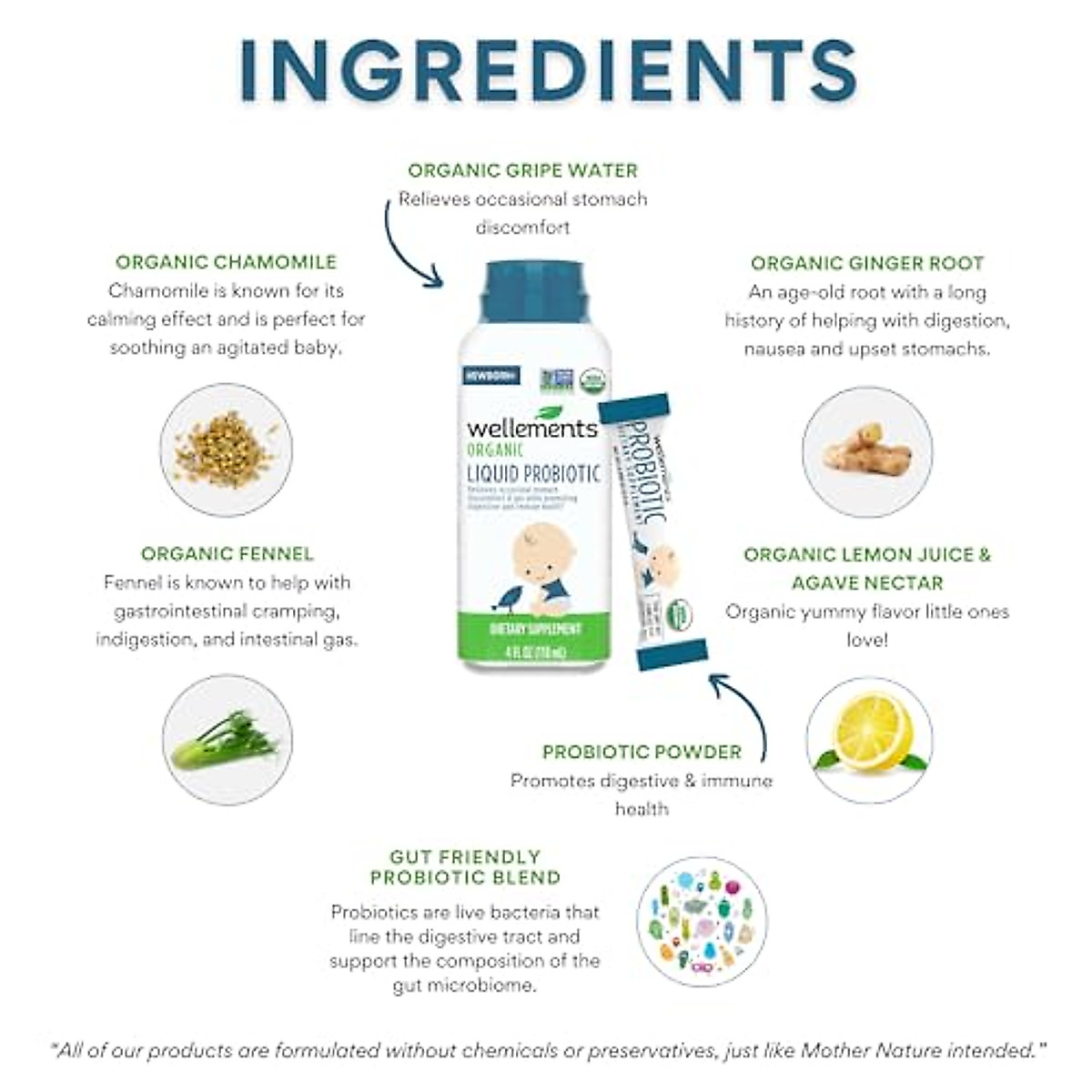 Wellements Certified USDA Organic Liquid Probiotic 4 Fl Oz, Gripe Water & Probiotics for Infant Digestion & Immune Health, Relief for Gas, Colic & Hiccups, Free from Dyes, Parabens, Preservatives