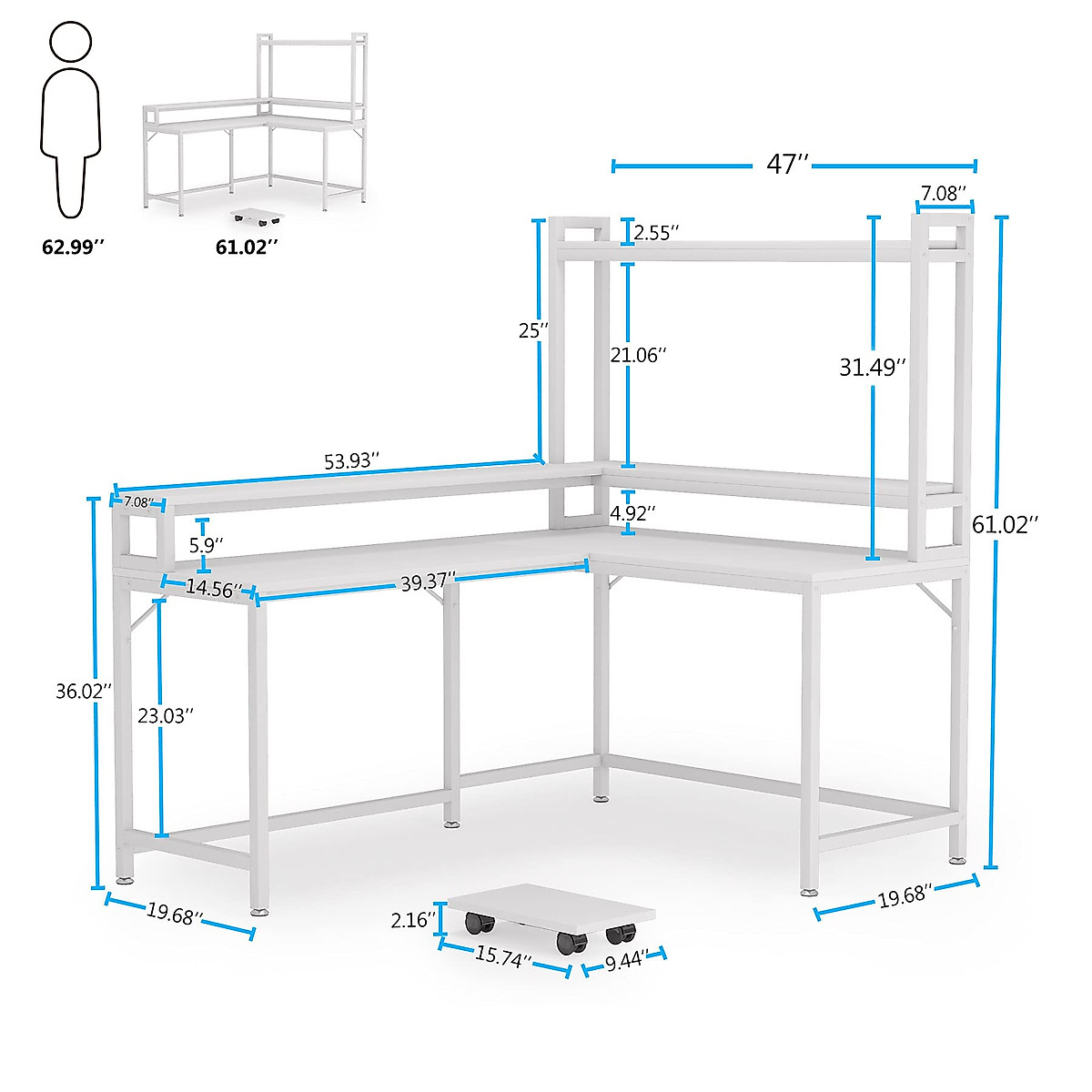 Tribesigns L Shaped Desk with Hutch and Monitor Stand, Corner Computer Desk Home Office Desk with Storage Shelf, Gaming Table Workstation,CPU Stand Included, (White&White)