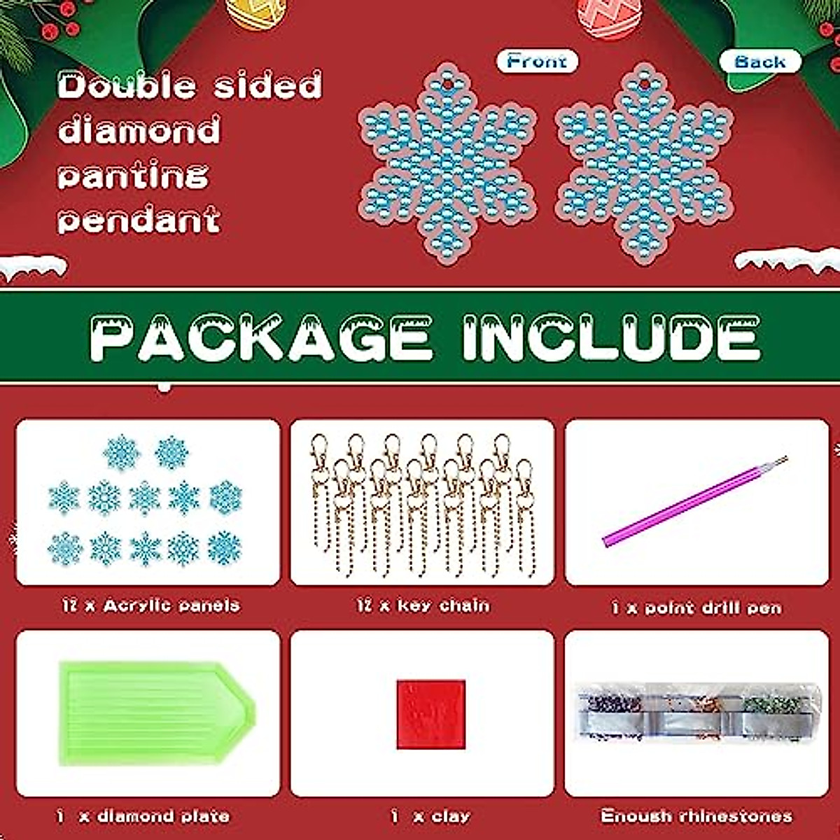 clothmile 12 Pieces Snowflake Diamond Painting Keychains Kit DIY Diamond Art Keychains Winter 5D Full Drill Diamond Painting Hanging Ornament Silver Rhinestone Pendants for Holiday Party Supplies