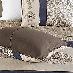 Madison Park Essentials Delaney 24-Piece Room In A Bag Comforter Set-Satin Jacquard All Season Luxury Bedding, Sheets, decorative pillows and Curtains, Valance, Queen (90 in x 90 in), Medallion Navy