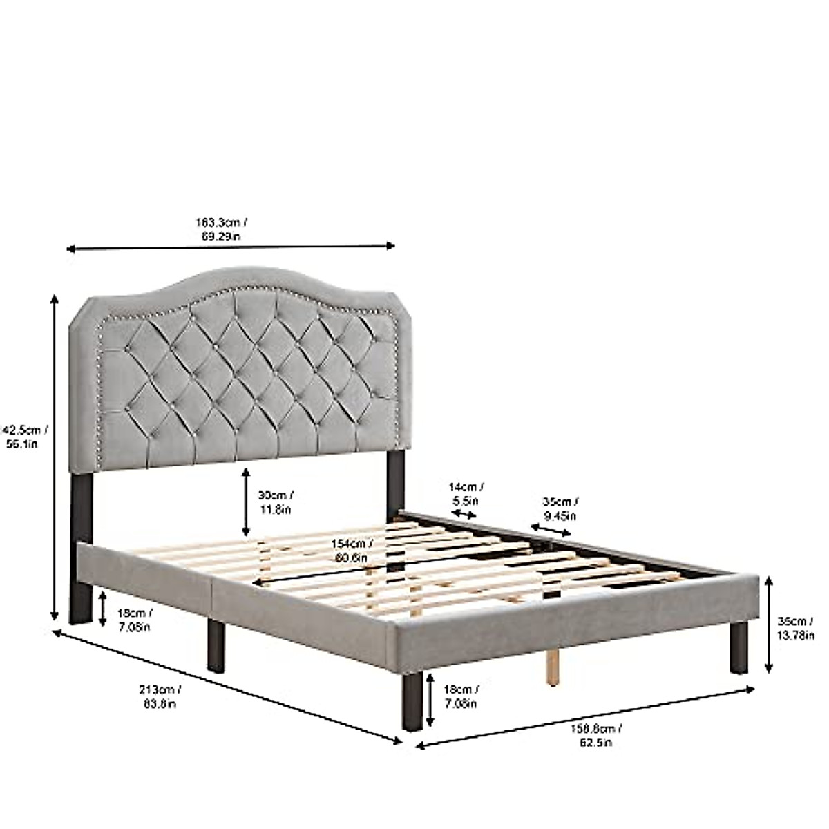 HAUSHECK Queen Size Platform Bed Frame, Velvet Curved Upholstered Bed Frames with Nailhead Trim Headboard, Bedframe for Kids, Teen & Adults, Wooden Slats Support, No Box Spring Needed