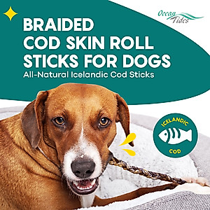 Ocean Tides Braided Icelandic Atlantic Cod Skins for Dogs and Cats, Fish Skin Dog Treats, Cod Sticks for Dogs, Dried Lean Crunch Sticks for Dog - 16 oz