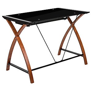 EMMA + OLIVER Black Glass Computer Desk with Pull-Out Keyboard Tray and Crisscross Frame