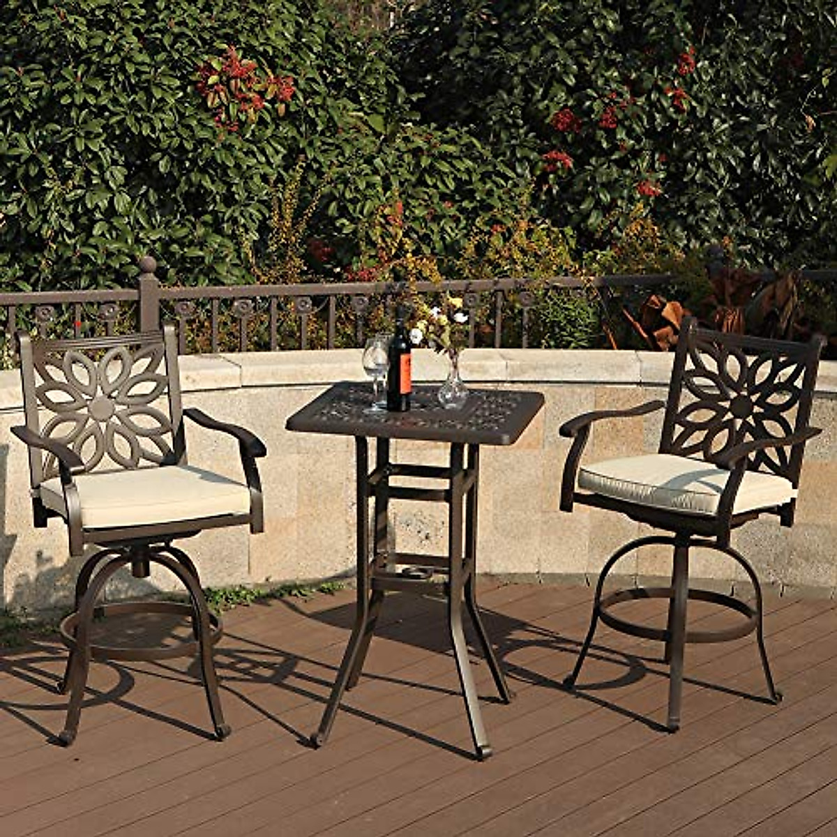 PHI VILLA Outdoor Swivel Bar Stools, Cast Aluminum Patio Pub Height Swivel Arms Chairs with Seat Cushion, Set of 2, Easy Assemble