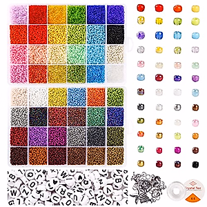 UOONY 35000pcs 2mm Glass Seed Beads for Jewelry Making Kit, 250pcs Alphabet Letter Beads, Tiny Beads Set for Bracelets Making, DIY, Art and Craft with Rolls of Elastic String Cord, Charms and Rings