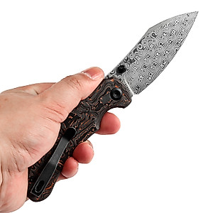 KANSEPT Nesstreet Button Lock Pocket Folding Knives for Men EDC Camping Folding Knife 3.58'' Damascus Material Pocket Folding Knife with Copper Carbon Fiber Handle Everyday Carry Folding Knife K1039F7