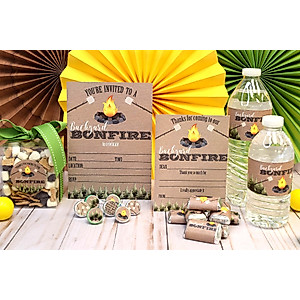 Backyard Bonfire Birthday Party Bundle Includes 20 each of Invitations & Thank You Cards with Envelopes + 2 Different Sizes of Stickers, Mini Candy Bar Wrappers, & Water Bottle Labels!