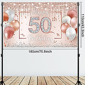 50th Birthday Backdrop Glitter Diamonds Balloons Lights Happy 50th Banner Rose Gold Pink Happy 50th Birthday Decorations for Women Anniversary Photo Booth Backdrop Cake Table Supply, 70.8 x 43.3 Inch