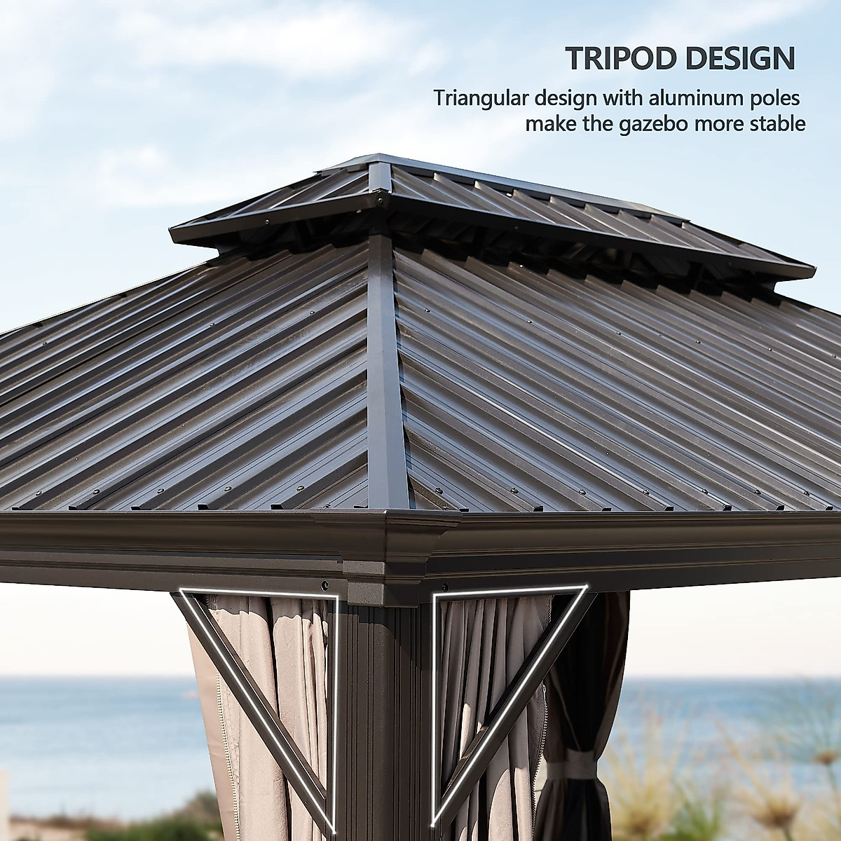 Ulax Furniture 12' x 16' Outdoor Gazebo Patio Permanent Hardtop Pergola with Aluminum Frame Galvanized Steel Double Roof Mosquito Net and Privacy Curtain