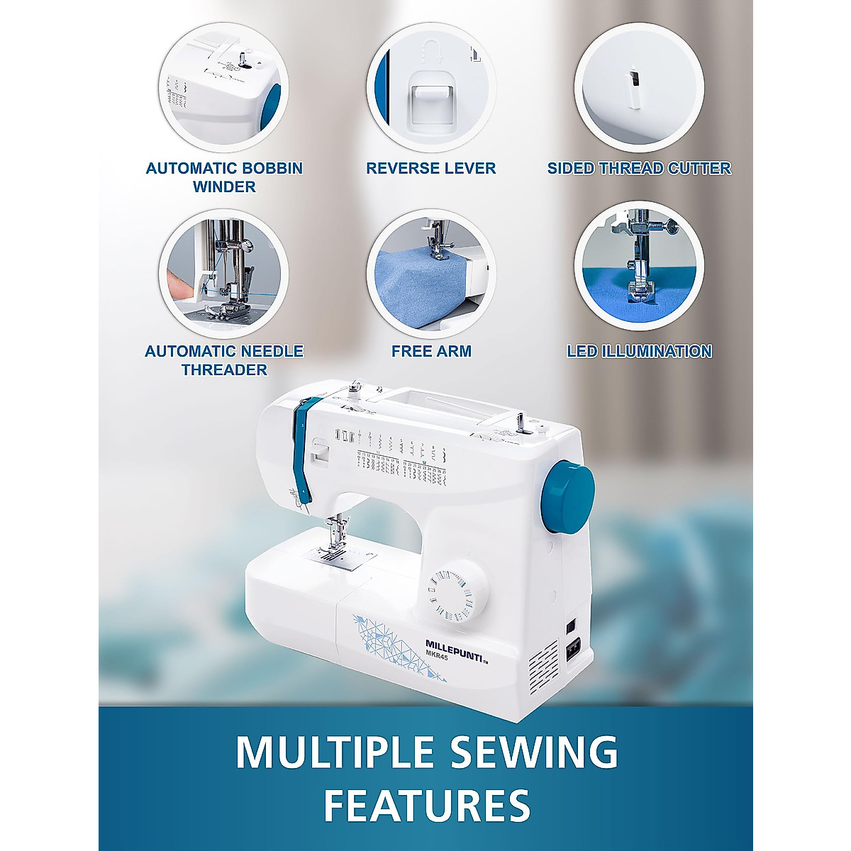 MILLEPUNTI Sewing Machine with 25 Stitches Automatic Needle Threader and Bobbin Winder Include 4 Feet and Accessories Perfect for Beginners Quilting and DIY MKR45