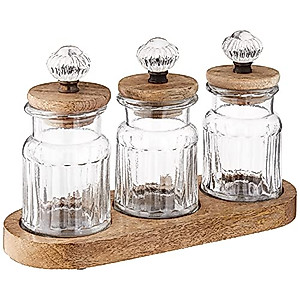Mud Pie Knob Glass Condiment Set, canister 3 3/4" x 2 3/4" dia | caddy 3 3/4" x 10 1/4", Brown