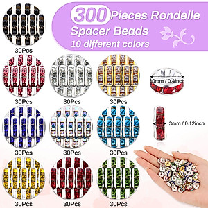 shynek 300 Pieces Rondelle Spacer Beads for Jewelry Making, 10mm Rhinestone Spacer Beads for Beaded Pens, Crystal Bead Spacers for Jewelry Making, Bracelets (10 colors)