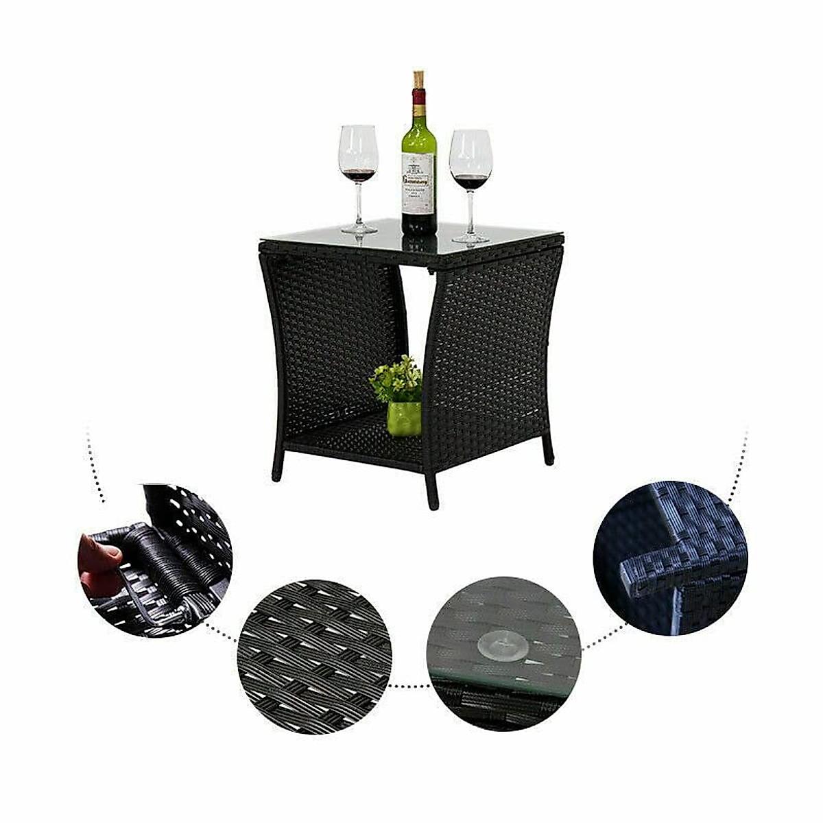 Kinfant Wicker Rattan Coffee Table - Square Tempered Glass Top Furniture with Storage for Outdoor Backyard Lawn Balcony Pool Patio (Black)