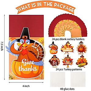 24 Pcs Thanksgiving Cutlery Holder Set Turkey Cutlery Silverware Holder Paper Pocket Thanksgiving Turkey Utensil Décor for Autumn Fall Harvest Party Favor Supply Table Decoration