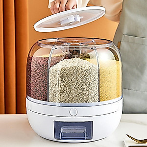 Grain Dispenser, Rice Storage Container Large Capacity, 6 Grid 360° Rotating Sealed Grain Food Storage Box Rice Bucket Dry Food Fruit Box for Kitchen(11lb)