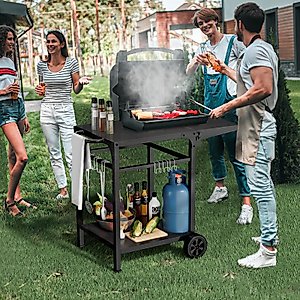 Blomed Dining Cart Table with Double-Shelf, Grill Cart with Wheels, Movable Steel Flattop Worktable, 6 Hooks, Side Handle, BBQ Cart Pizza Oven Stand