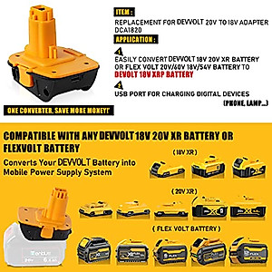 TenHutt 【with USB】 Replace for Devolt 18V to 20V Battery Adapter Converter DCA1820 for Devolt 18V Tools, Convert Devolt 20V Battery DCB203 DCB206 to Devolt 18V XRP NiCd NiMh Battery DC9098 DC9096