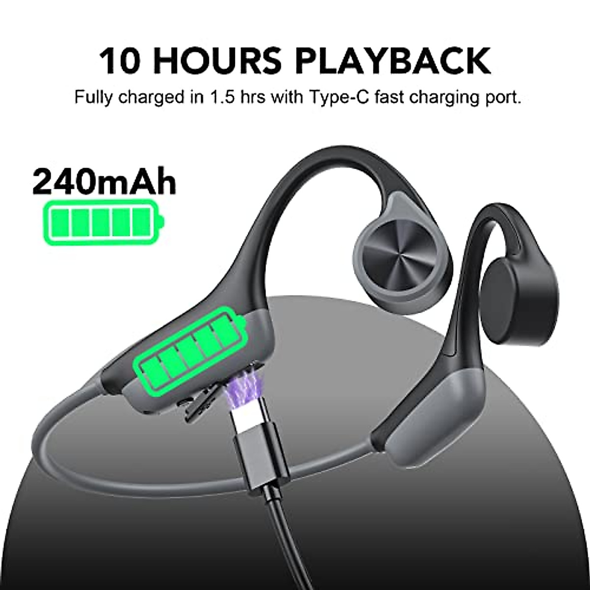 RR SPORTS Bone Conduction Headphones, Open Ear Headphones Bluetooth 5.3 Sport Headphones Wireless Earphone with Microphone, Sweatproof Headset for Running, Cycling, Driving (Black & Grey)