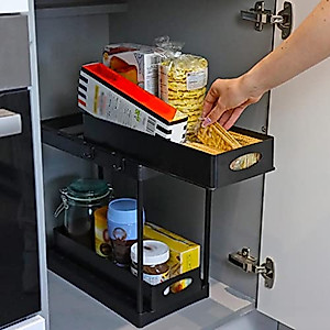 Under Sink Organizers and Storage Sliding - Multipurpose Double Sliding Cabinet Organizer for Bathroom or Kitchen Sink Organizer with 4 Hooks (Black)