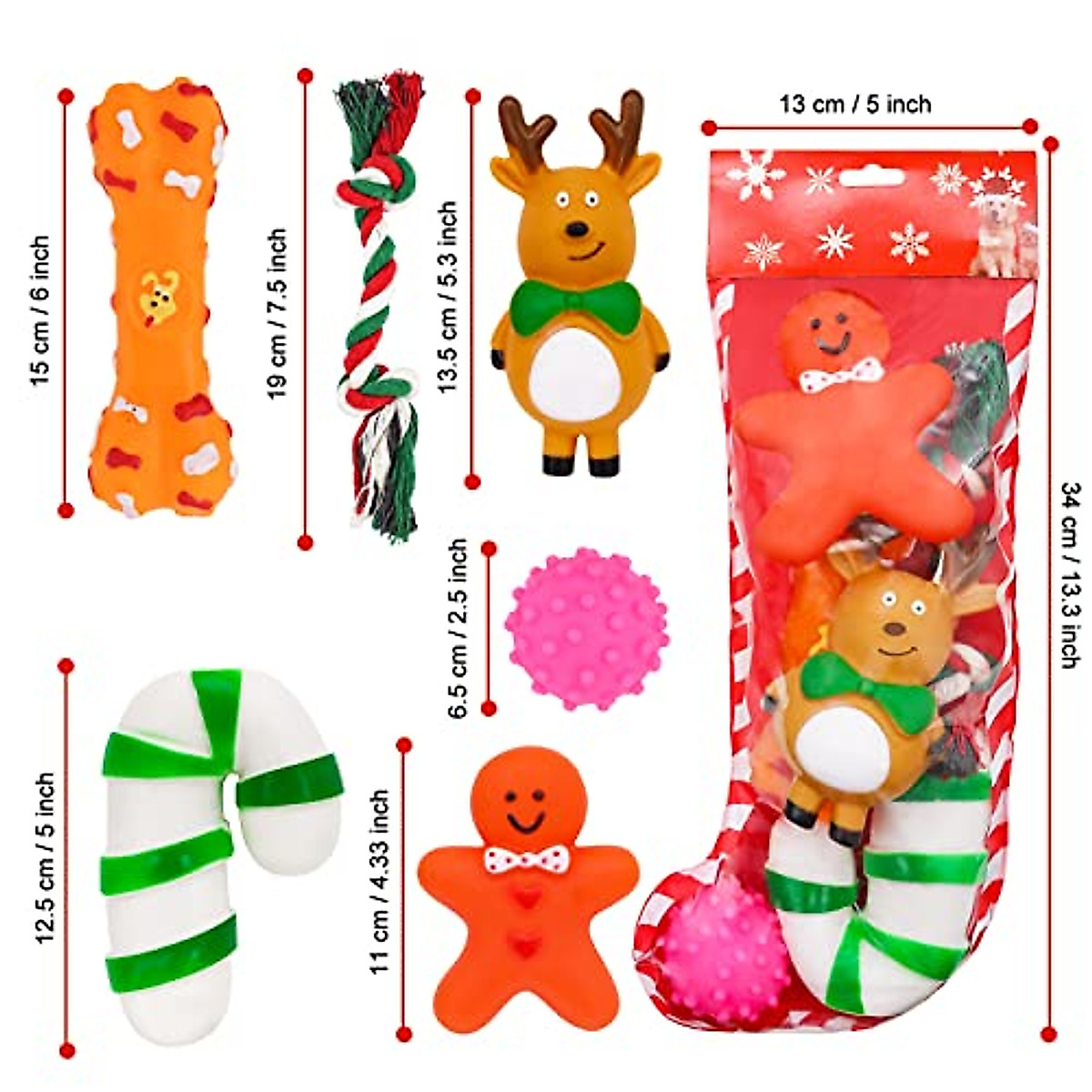 ZALALOVA Christmas Dog Stocking Gifts Toys Set, 6 PCS Xmas Dogs Toys with Squeaky Toys Chew Toys Assorted Crutch Gingerbread Man Bone Shape Christmas Candy Cane Shape Chewer Interactive Ball Gifts