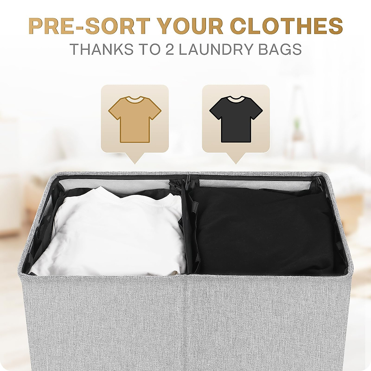 SOLEDI Luxury Double Laundry Hamper with Lid and Handle, Laundry Basket 2 Section with Removable bag, Collapsible Dirty Clothes Hampers for Laundry, Bedroom, Dorm, College