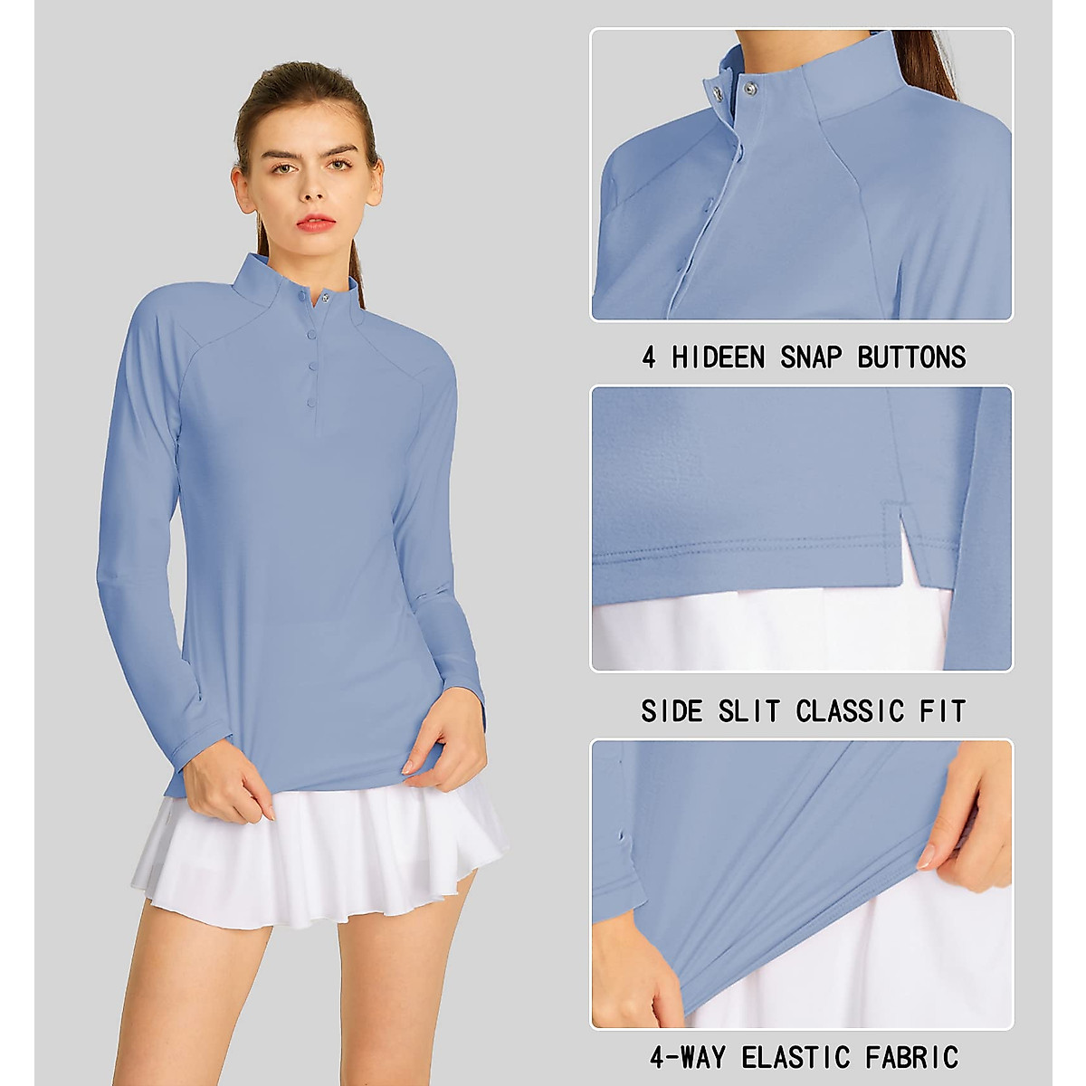 CQC Women's Long Sleeve Golf Polo Shirts Moisture Wicking Quick Dry Athletic Shirts with Buttons UPF 50+ Tennis Sports Tops Baby Blue XXL