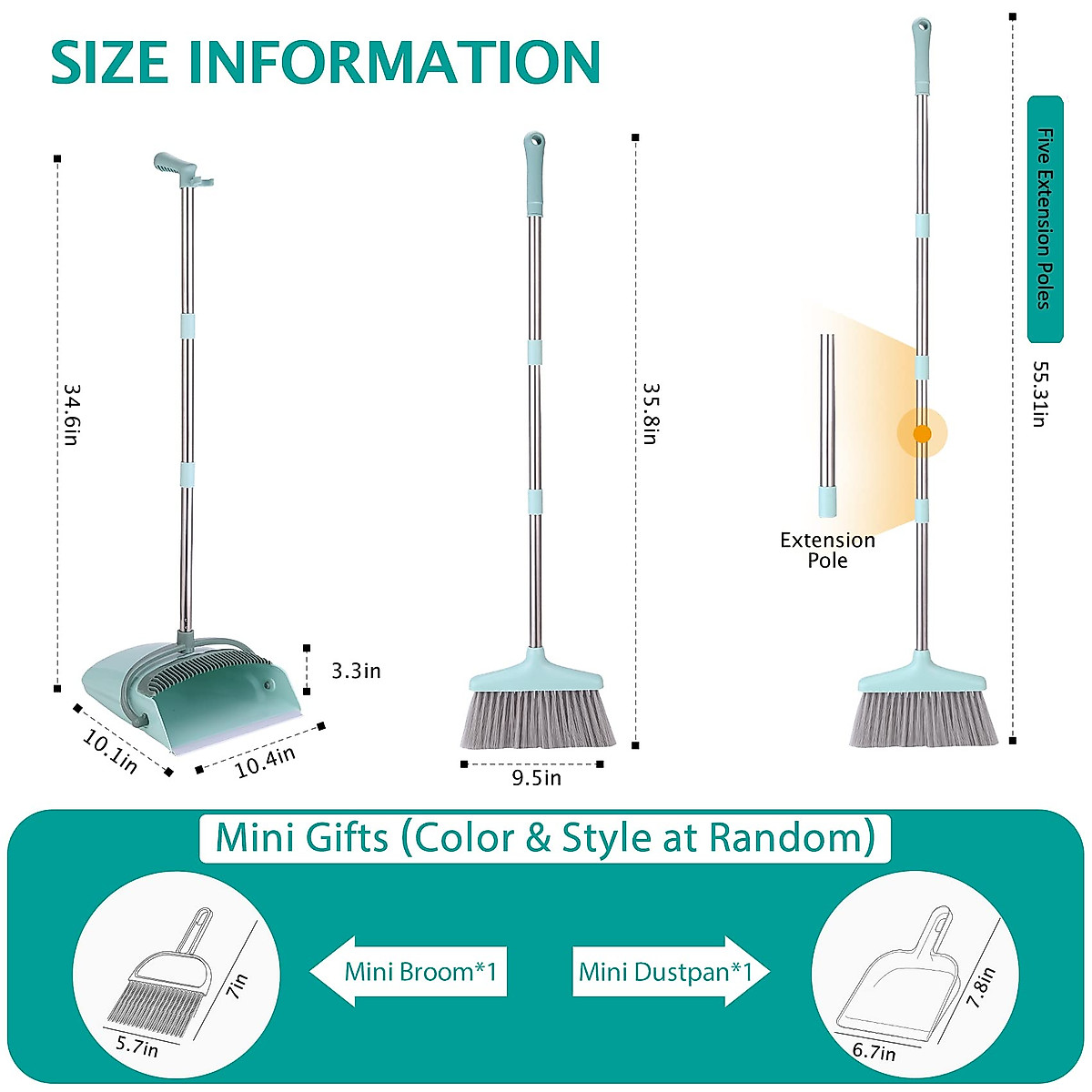 XXXFLOWER Broom and Dustpan Set for Home, Broom with Dustpan Cleaning Teeth Combo Set, Indoor Sweep Broom, 55” Long Handle Broom for Office Home Kitchen Lobby Floor, Bluish Green