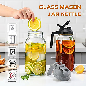 64 oz Glass Pitcher with Lid 2 Pack,2 Quart Mason Jar Pitcher with Lid and Spout - Half Gallon Mason Jar Pitcher Wide Mouth for Iced Tea/Sun Tea/Coffee/Juice, Glass Jars with Lids (Black & Gray)