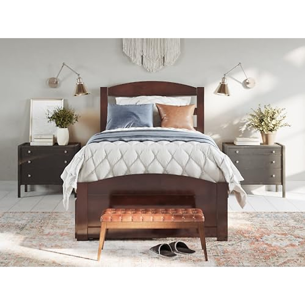AFI Warren Twin XL Size Platform Bed with Footboard, Storage, & Charging Station in Walnut