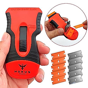Razor Blade Scraper Set of 2 – Multi-Purpose Razor Scraper Designed to Remove Labels, Stickers, Decals, Caulk, Adhesive, Paint - Bonus Steel and Plastic Blades for Heavy Duty and Delicate Cleaning