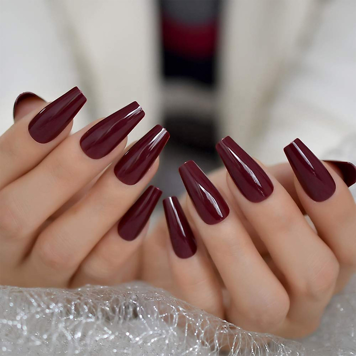 Dark Maroon Tapered Midi Long Coffin Press on Nails