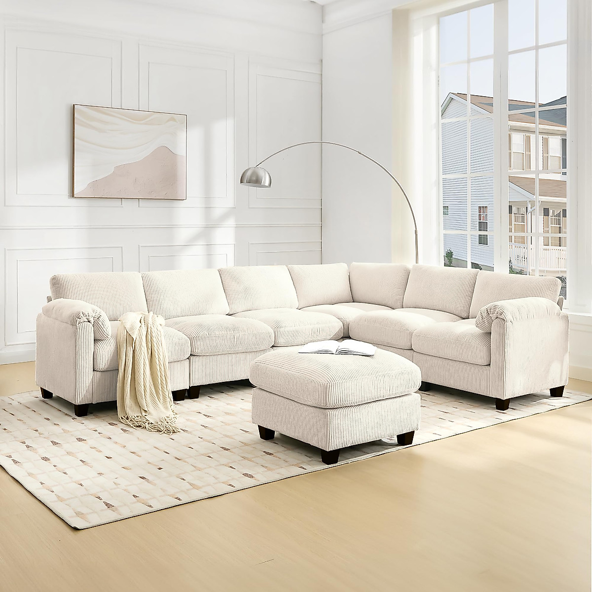 Bumblr Oversized Corduroy Sectional Couches for Living Room with Movable Ottoman, 6 Seater Modern Convertible L Shaped Modular Sectional Sofa with Reversible Chaise, Comfy Corner Sofa Couch Set, Beige