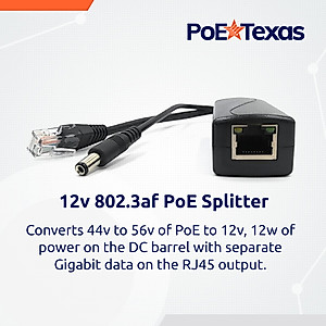 PoE Texas IEEE 802.3af 12v Splitter - Power Over Ethernet Single PoE Splitter 12v 12w Gigabit Data - Active Opto-Isolated Protection for 12 Volt DC Powered Devices, IP Camera, Foscam, Arduino