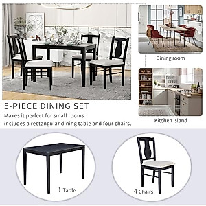 THINK 30 5-Piece Kitchen Dining Table Set, 48” Compact Table & Chair Set for Home, Dinning Room, 2-4 Person, Space Saving Wooden Rectangular Dining Table and 4 Upholstered Chairs-Black