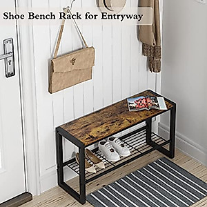 Yusong Entryway Bench Shoe Bench Rack with Mesh Shelf, 35.4" Long Storage Bench with Heavy Metal Frame,Shoe Storage Organizer Rack for Hallway, Living Room, Bedroom, Rustic Brown