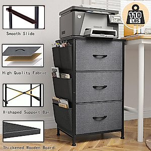 EnHomee Nightstand with 3 Drawers, Night Stand for Bedroom, Bedside Table with Wooden Top, Sturdy Steel Frame End Table, Small Dresser for Bedroom, Living Room, Grey