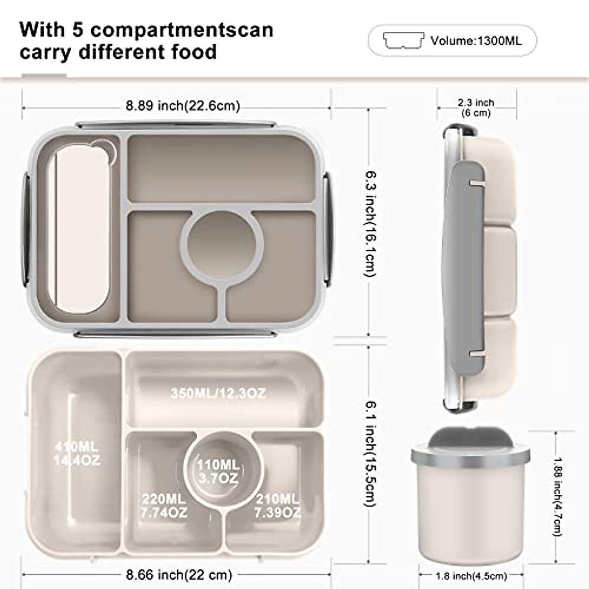 Dagugu Lunch Box Kids,Bento Box Adult Lunch Box,Lunch Box Containers for Adults/Kids/Toddler,5 Compartments Bento Lunch Box with Leakproof Sauce Vontainers,Microwave/Dishwasher/BPA Free(white)