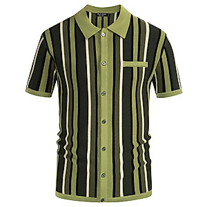 PJ PAUL JONES Mens Short Sleeve Knit Golf Shirt Retro 90s Stripe Polo Shirts Green L