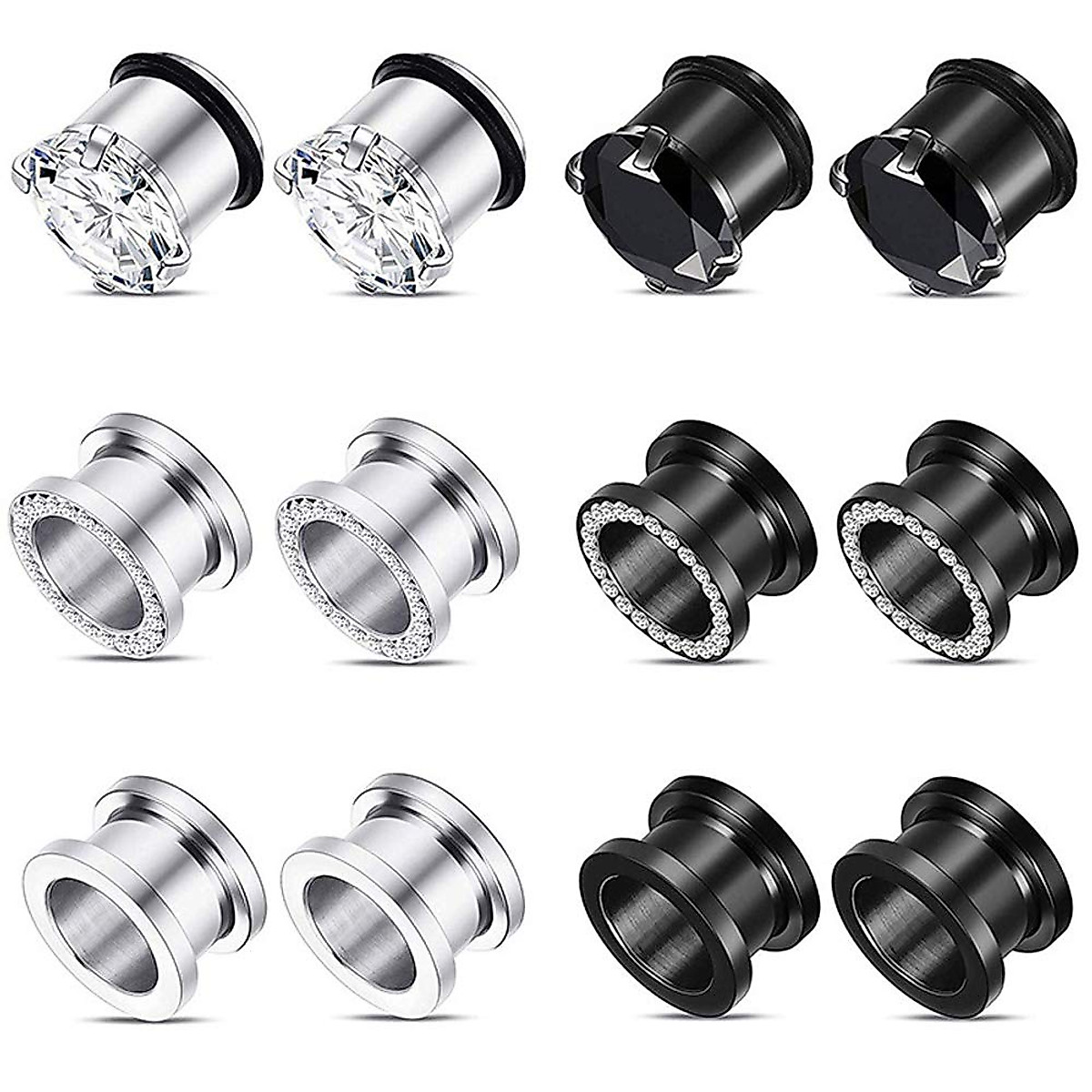Longbeauty 12pcs Gorgeous Cubic Zirconia Tunnels 316L Stainless Steel Ear Gauges Earring Plugs for Ears Screw Fit Body Piercing Jewelry 4g-3/4