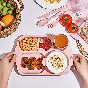 Hlukana 24 Pcs Wheat Straw Dinnerware Cutlery Set, Unbreakable Tableware Set, Including Kids Toddlers Divided Plates, Bowls, Cup, Cutlery Spoons Knifes Forks, BPA Free, Microwave Dishwasher Safe