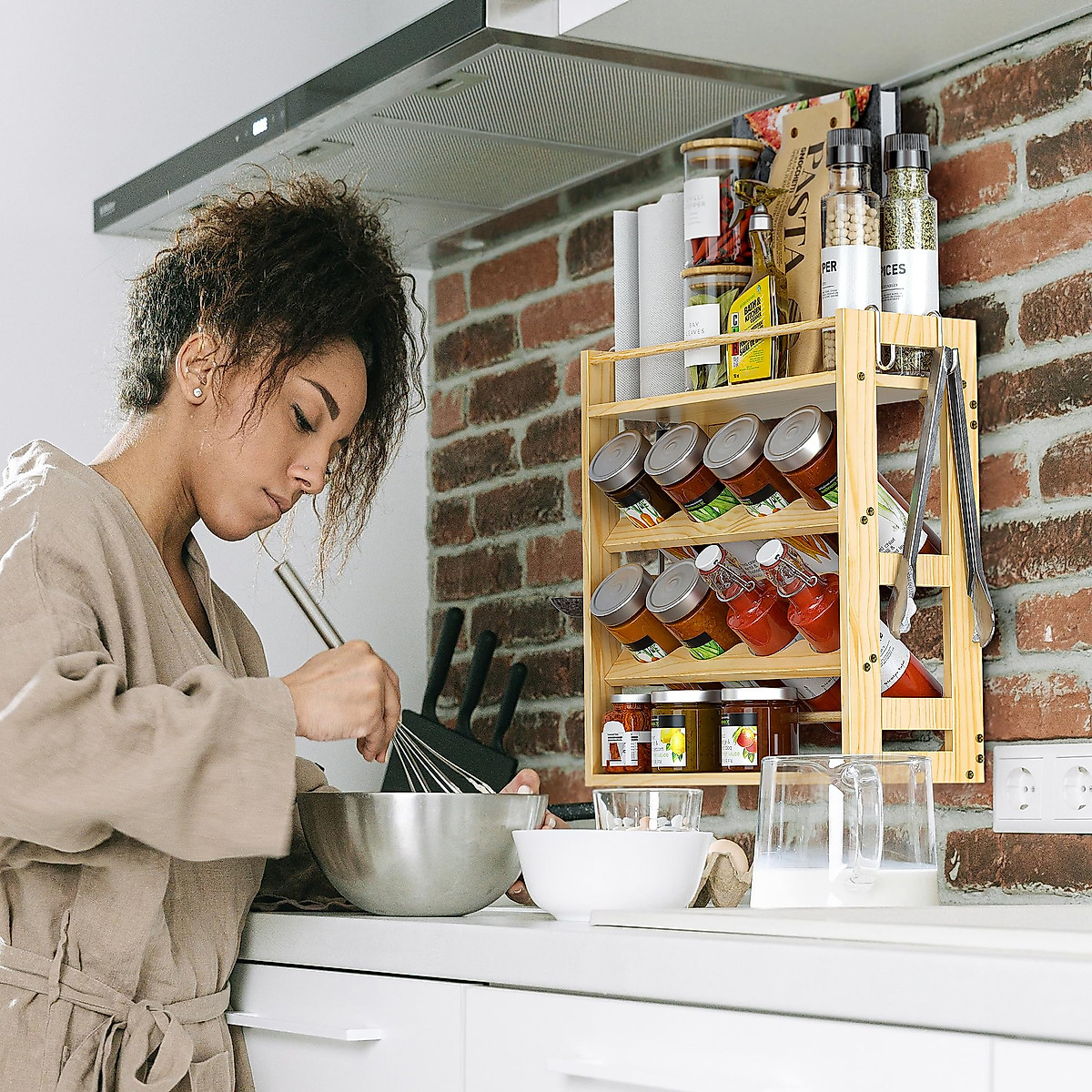 Nisorpa Spray Can Rack Holder Wooden Paint Bottle Organizer Lube Can Wall Mount Storage Rack Tool Storage Rack with 4 Hooks & 2 Selves for Garage & Workshop