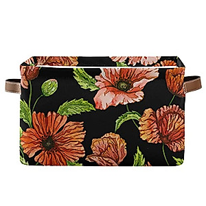 Red Poppy Square Storage Basket Flowers Black Storage Bins Canvas Toys Box Closet Shelf Decorative Organizer Bag with Handles for Bedroom Home Office, 1 Pc