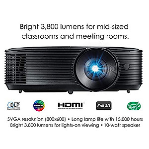 Optoma S334e SVGA Bright Professional Projector Lights On Viewing with 3,800 Lumens Latest DLP Technology Business Presentations Classrooms or Home 15,000 hour lamp life Speaker Built In Portable Size