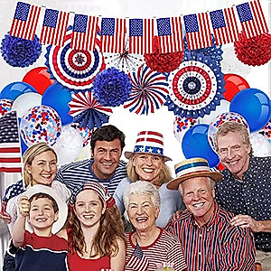 35 Pcs Patriotic Party Decorations Set, 4th of July American Flag Independence Day Party Supplies, Blue Red White Confetti Balloons, Paper Fans, Pompoms, USA Flag Pennant Bunting, Star Confetti, Star Streamers