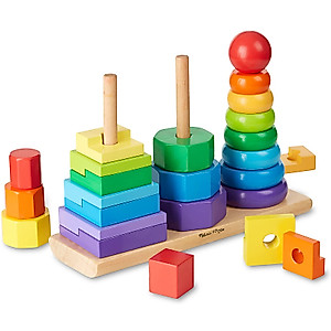 Melissa & Doug Geometric Stacker Toddler Toy, Developmental Toys, Rings, Octagons, and Rectangles, 25 Colorful Wooden Pieces, 11" H x 3.5" W x 8.5" L
