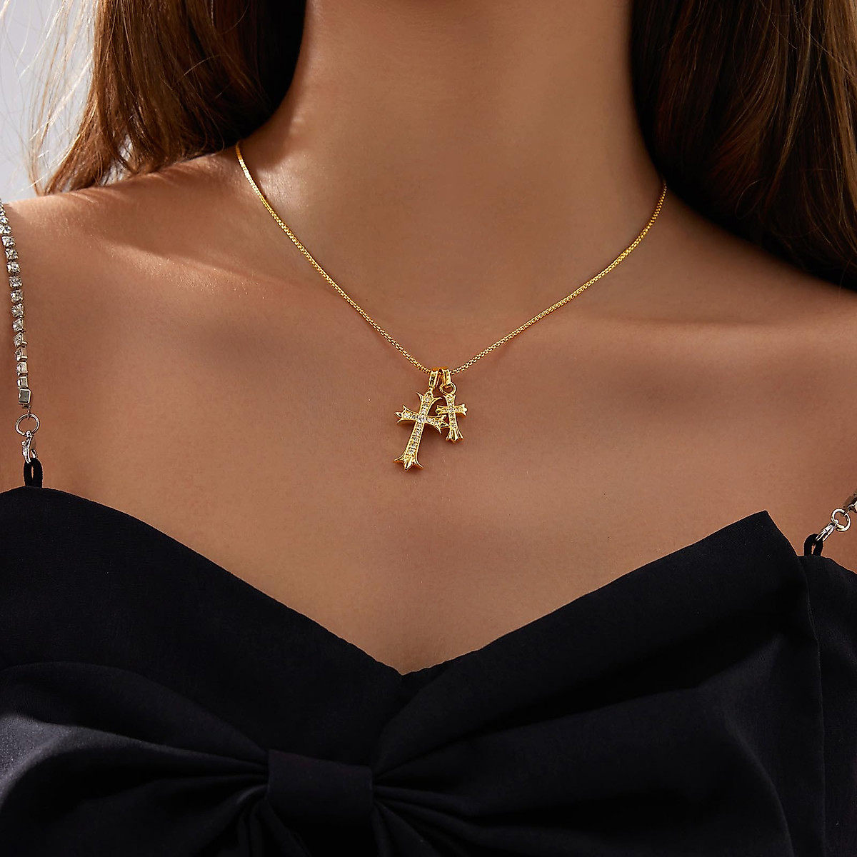 Partm Double Cross Necklace for Women Dainty Cross Pendant Choker 14K Gold Plated Trendy CZ Diamond Cross Charm Necklace Hypoallergenic Delicate Faith Jewelry Religious Gifts for Women