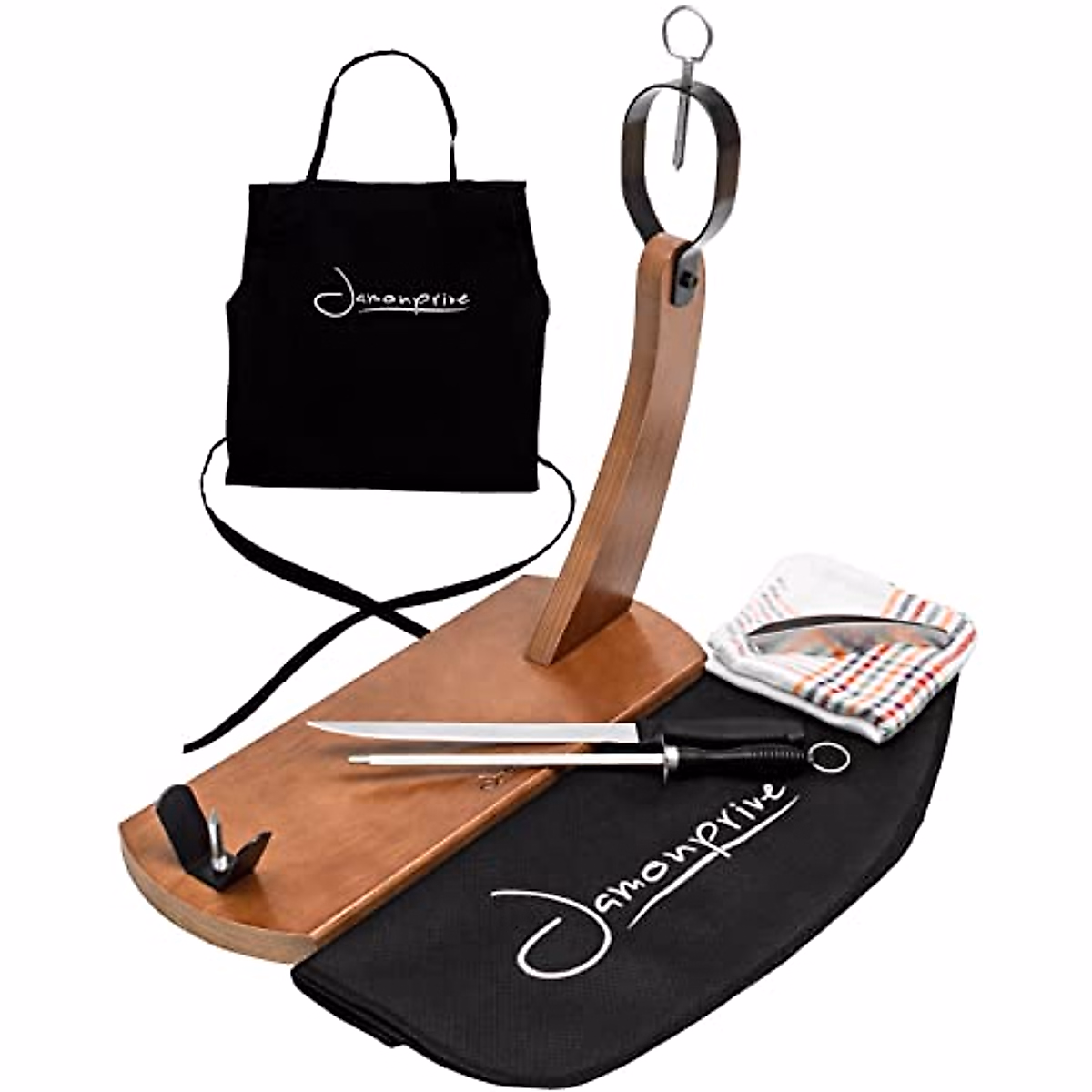 Professional Ham Stand Lacquered with Ham Knife + Sharpening Steel + Ham Cover + Kitchen Cloth + Apron + Tongs - Ham Holder Ideal for Serrano Ham, Iberico Ham and Italian Prosciutto - Jamonprive